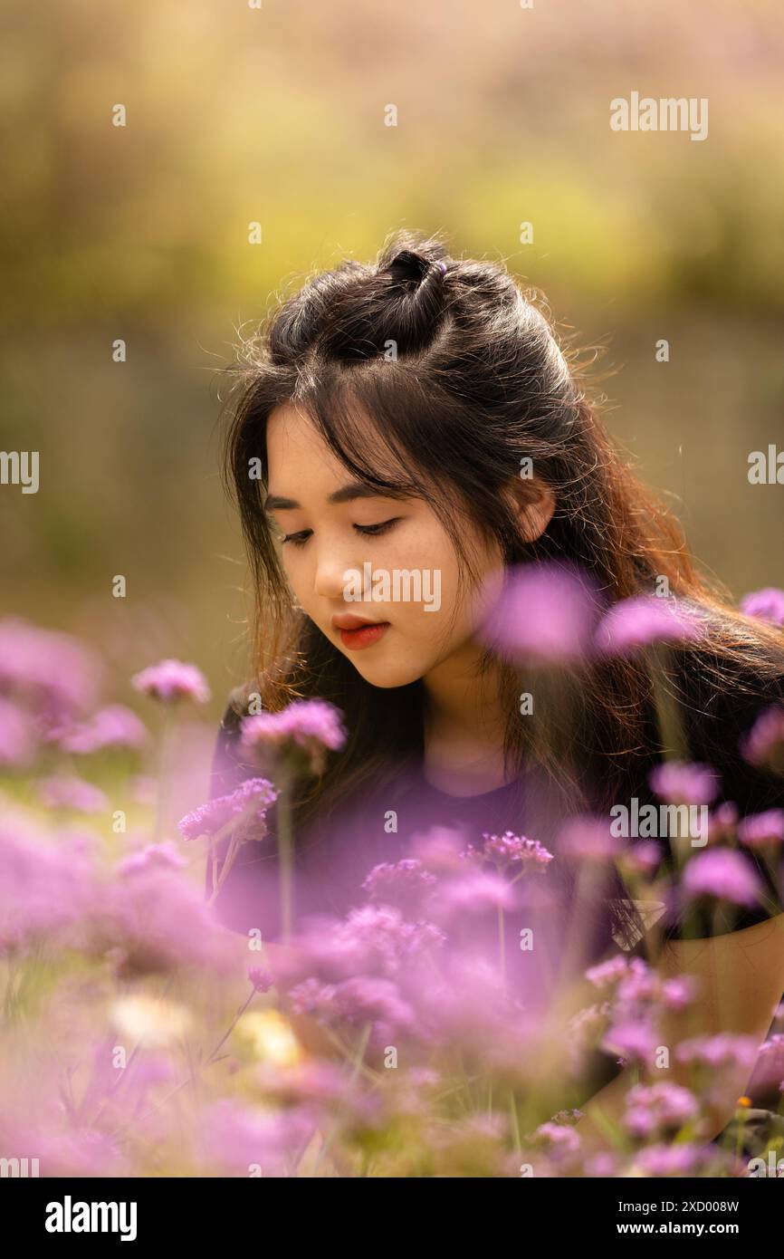 A portrait of a beautiful asian woman outdoor in flower field. Young ...