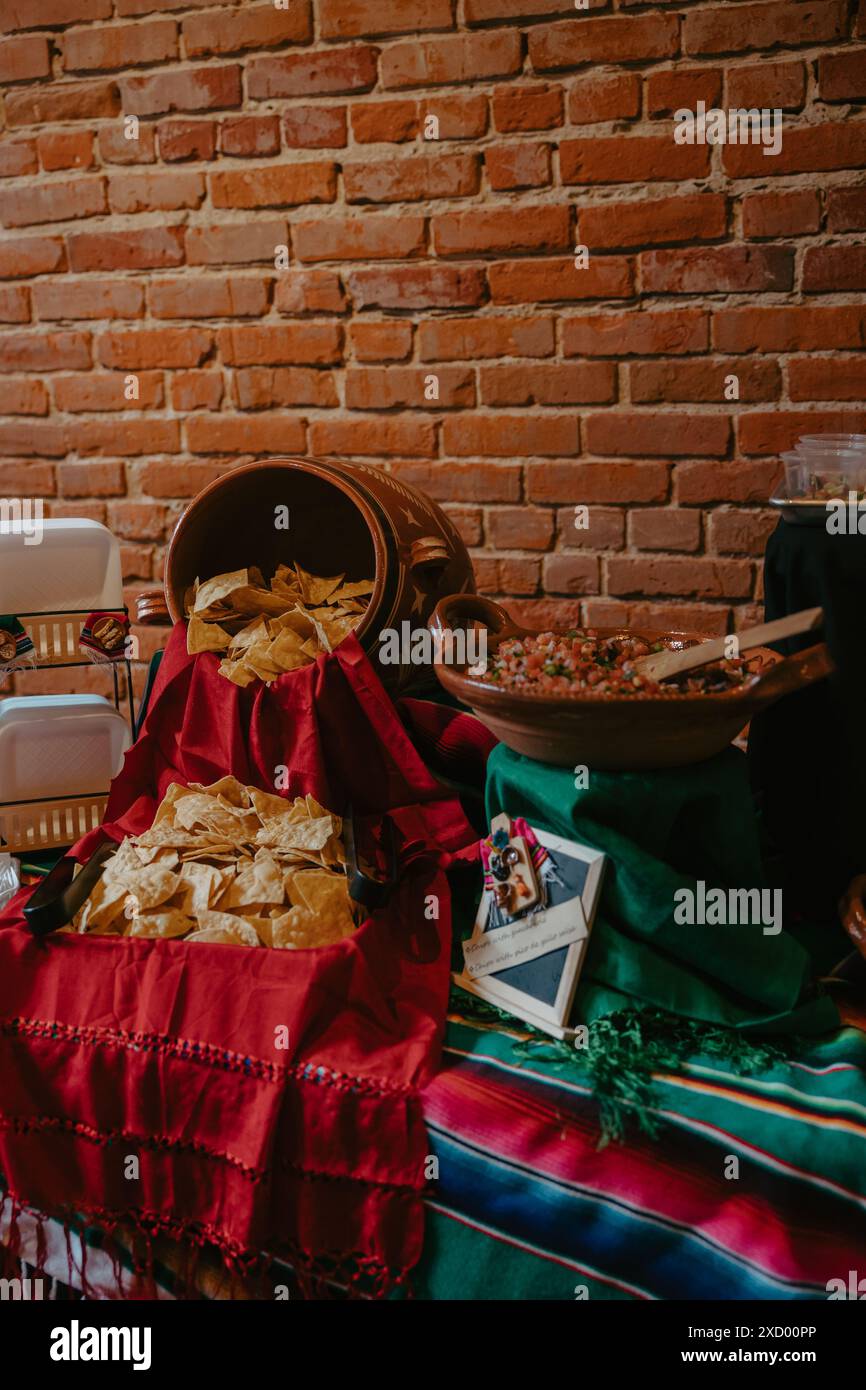 A display of tortilla chips and salsa in traditional Mexican pottery ...