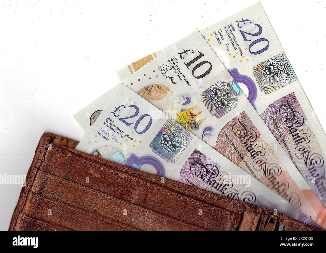 A leather wallet and modern polymer banknotes from the United Kingdom ...