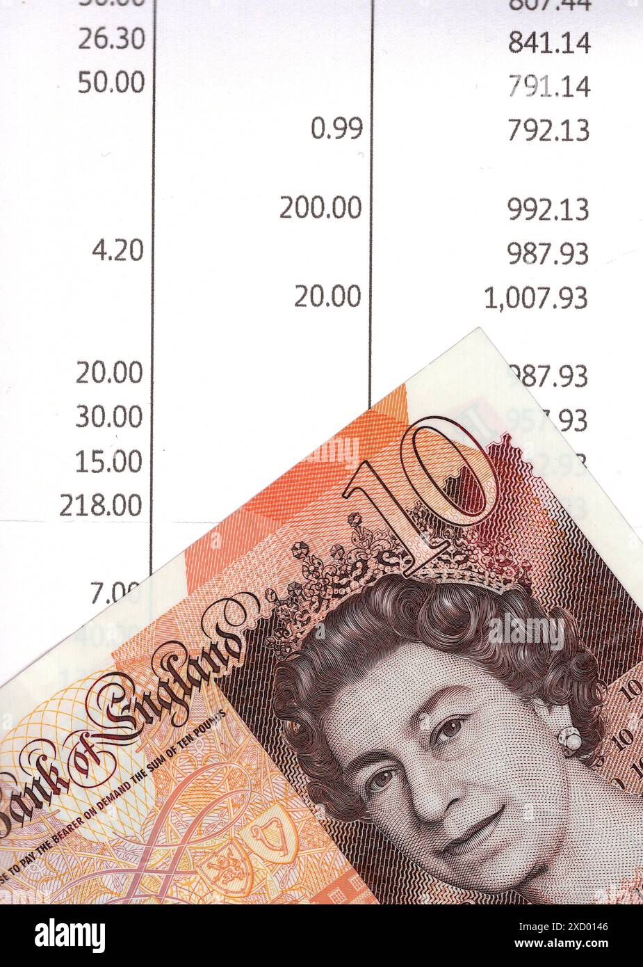 A bank statement and a modern polymer ten pound banknote from the ...