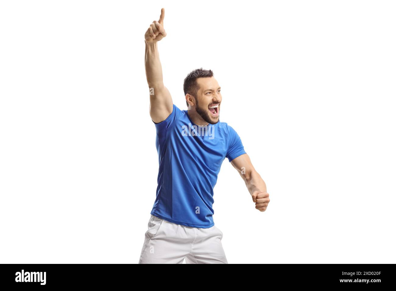 Excited football player gesturing and pointing with his finger up ...