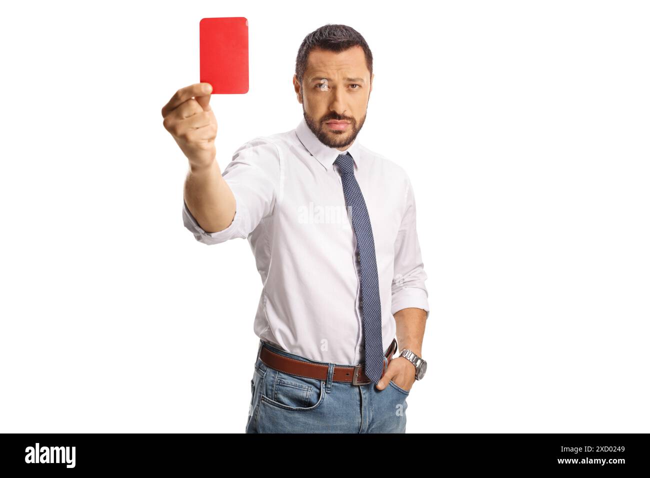 Man showing a red card isolated on white background Stock Photo - Alamy