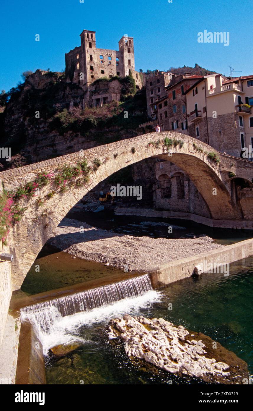Italy, Liguria, Dolceacqua, Nervia River, Medieval Bridge background ...