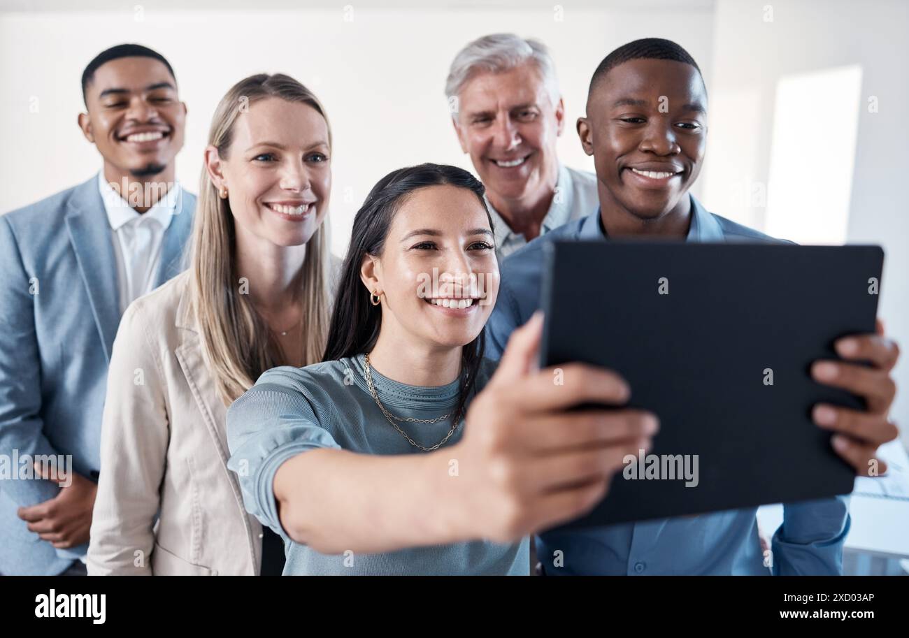 Group, business people and selfie smile in office for collaboration, team building and diversity ...