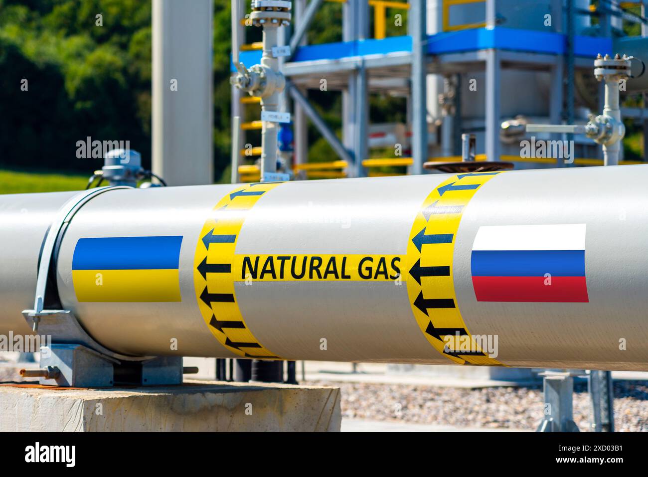 Russian and Ukrainian flags showing concept of gas export from Russia ...
