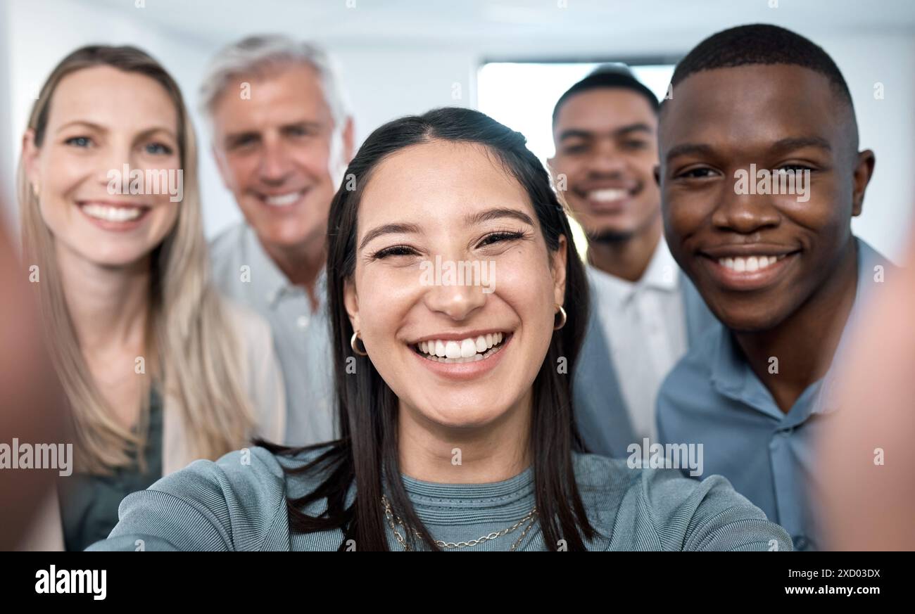 Group smile, business people and portrait selfie for collaboration with team building and ...