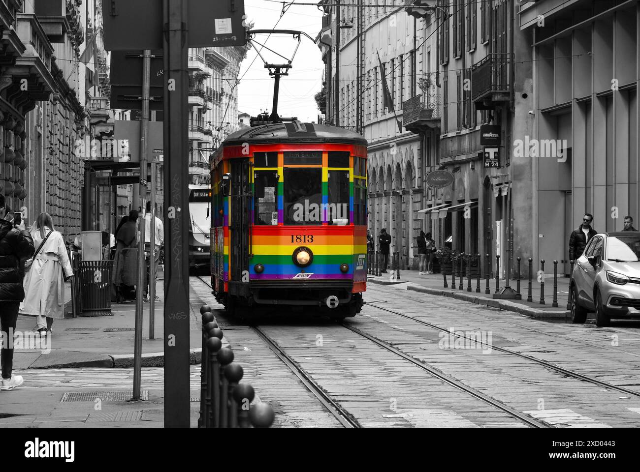 Black and white with selective color. Line 10 tram covered with the ...