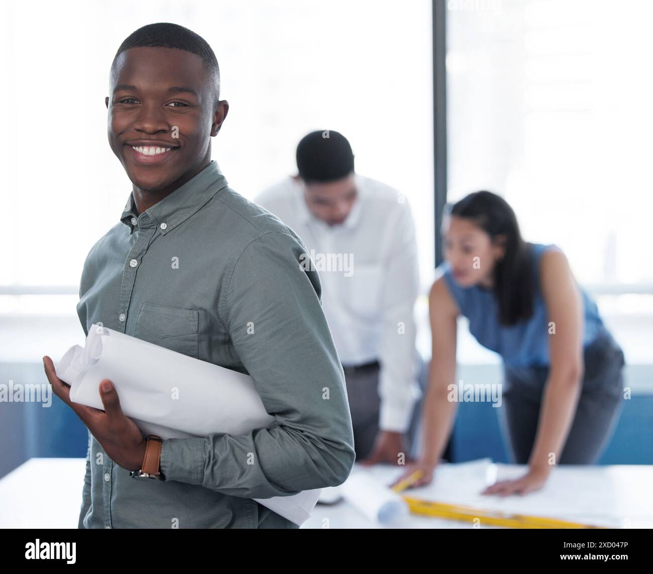 Architecture, office and portrait of man with blueprint, floorplan and ...