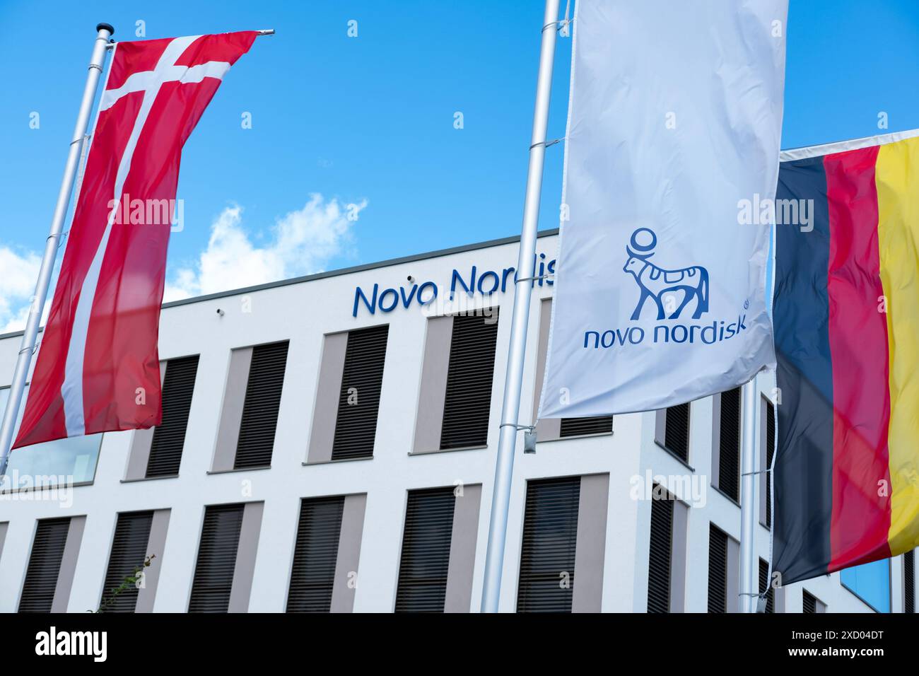 Novo Nordisk advertising flags and logo on facade, Danish ...