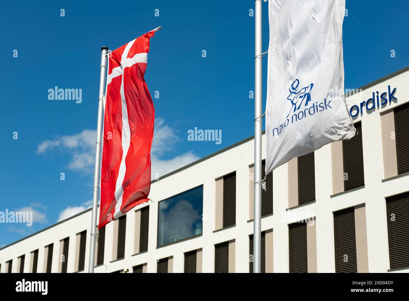 Novo Nordisk advertising flags and logo on facade, Danish ...