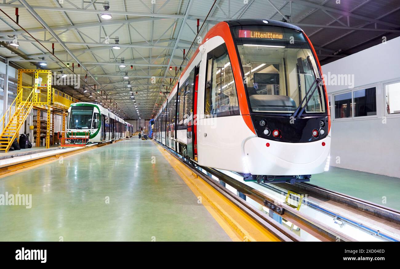 Assembly workshop trams. Manufacture of trains Stock Photo - Alamy