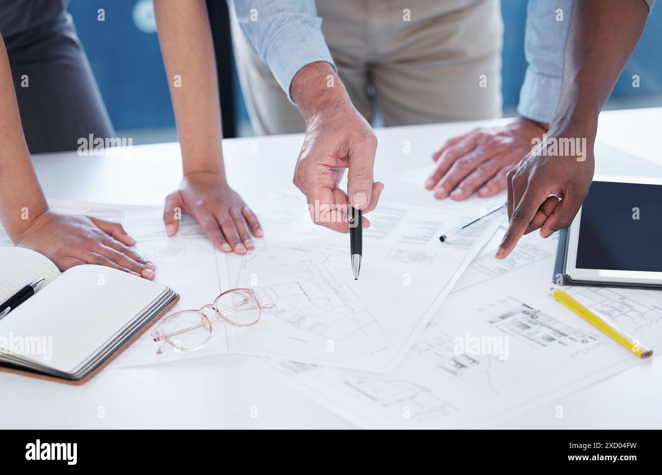 Strategy, architecture and hands of people with blueprint ...