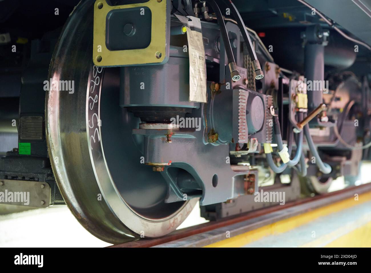 Railroad wheels. Assembly workshop trams. Manufacture of trains Stock ...