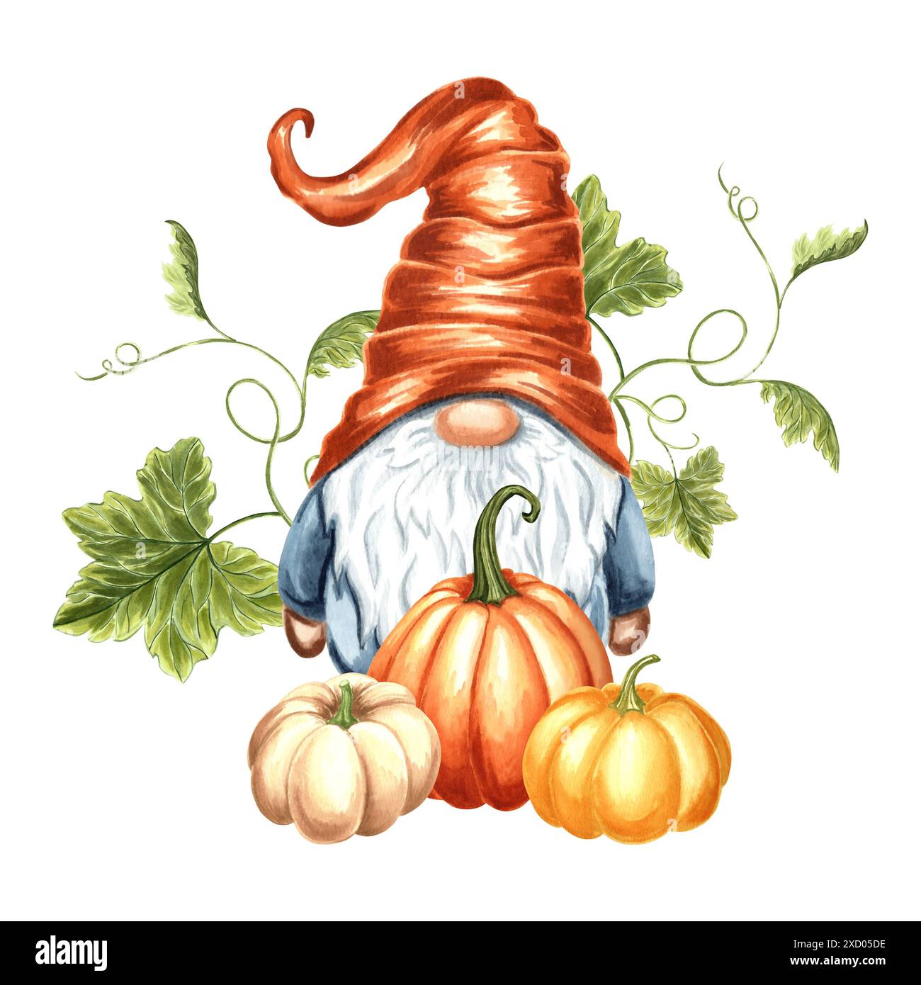 Fall Gnome with pumkins. Nordic magic dwarfs. Hand drawn watercolor ...