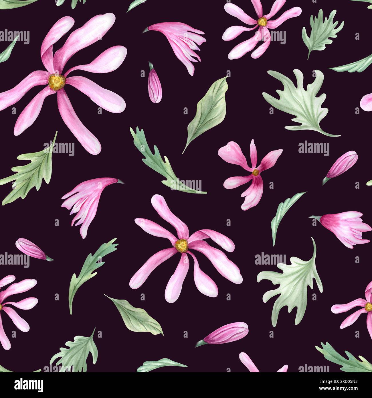 Abstract flying pink flowers and leaves. Seamless pattern of spring ...