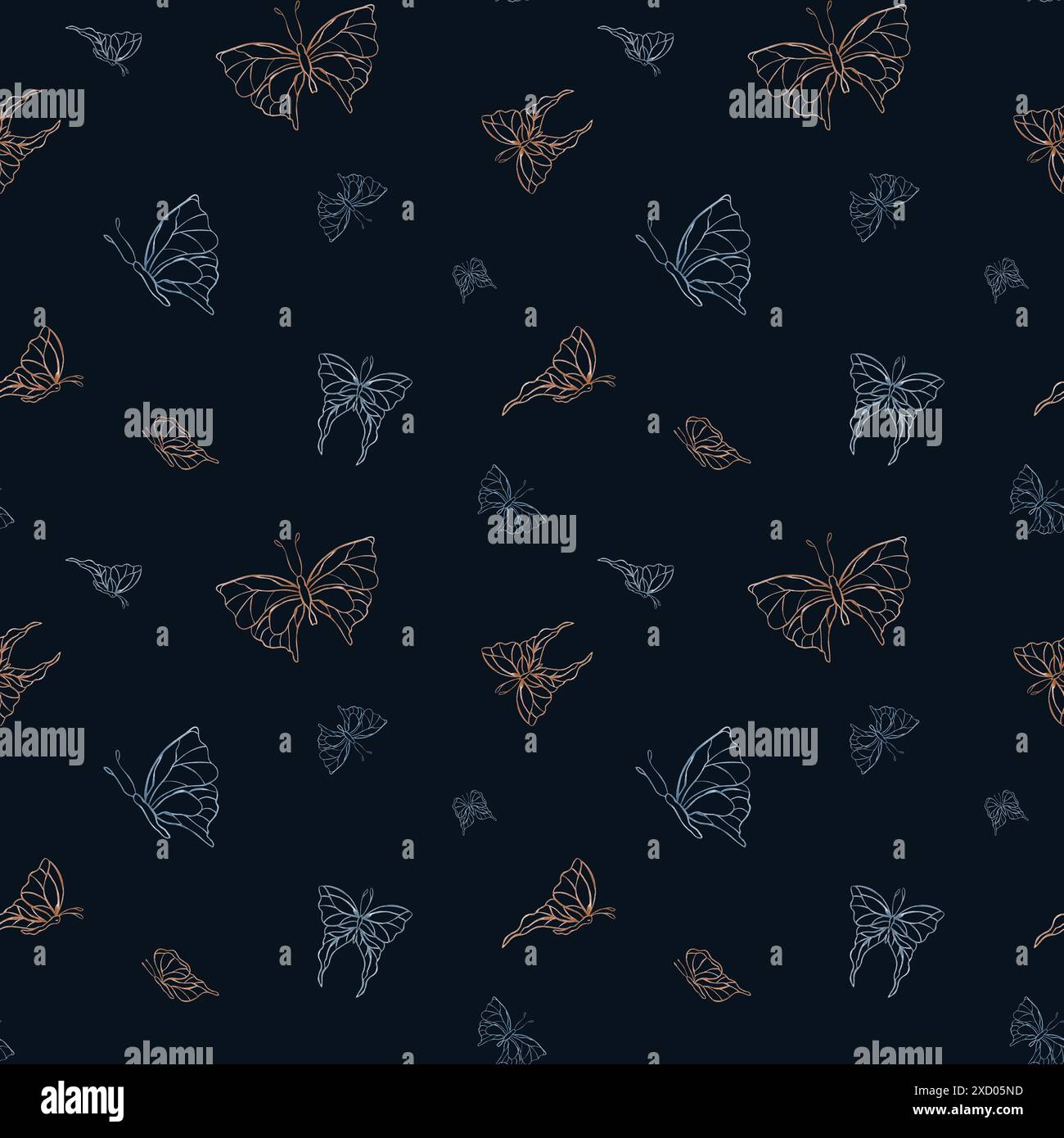 Golden and silver doodle butterflies. Flying butterfly. Seamless ...