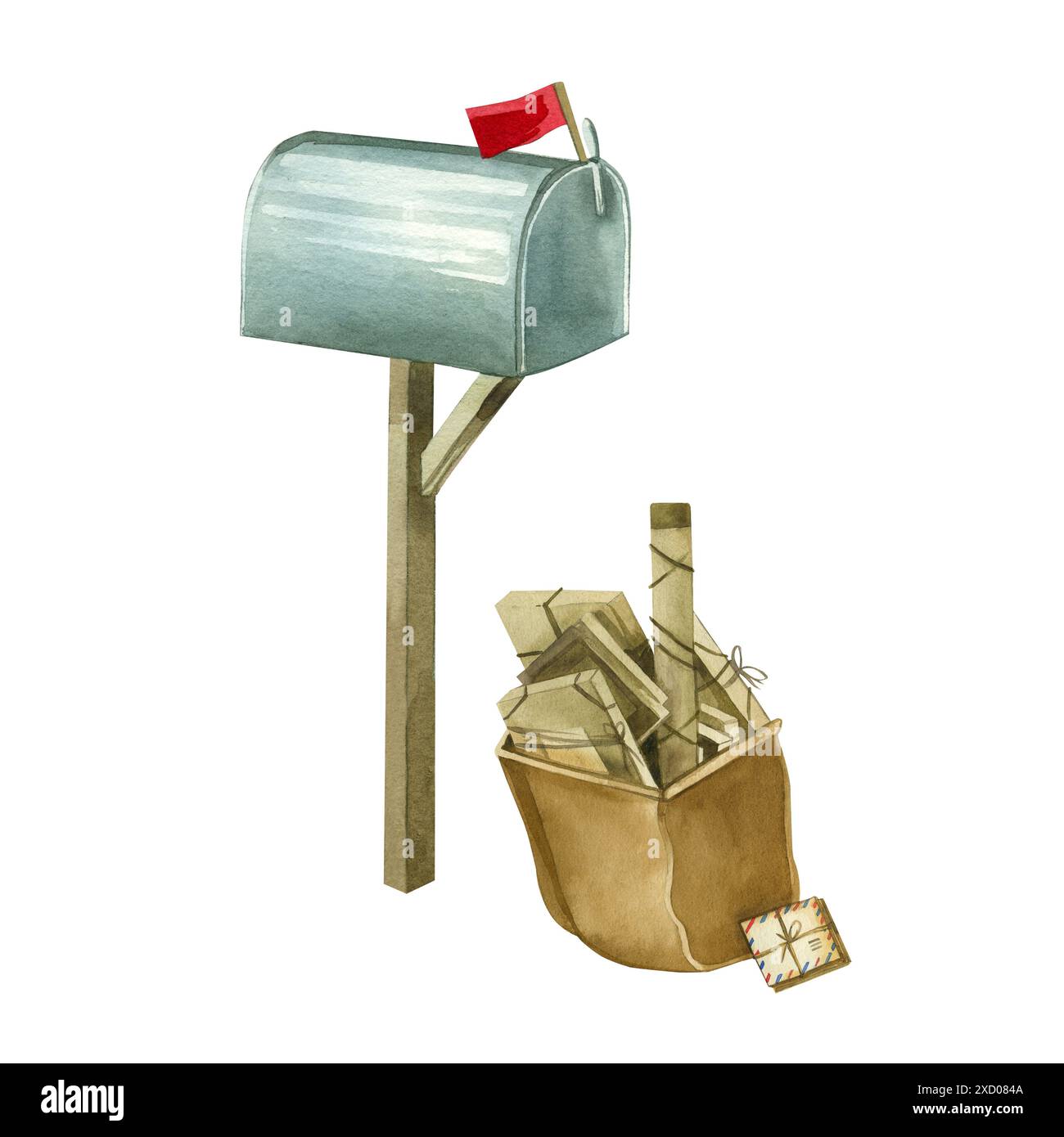 Antique mailbox on a wooden leg with a red flag and a metal body, mail ...