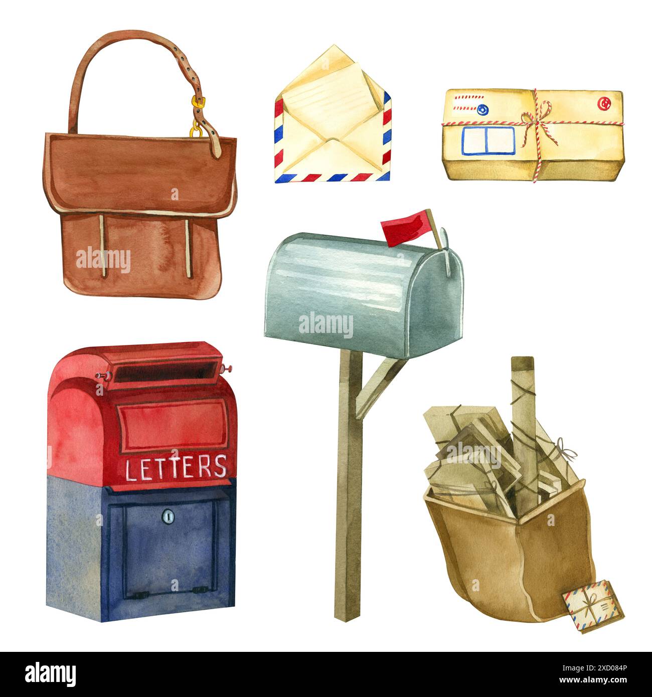 Set of watercolor illustrations. Mail, mailboxes, bag with parcels and ...