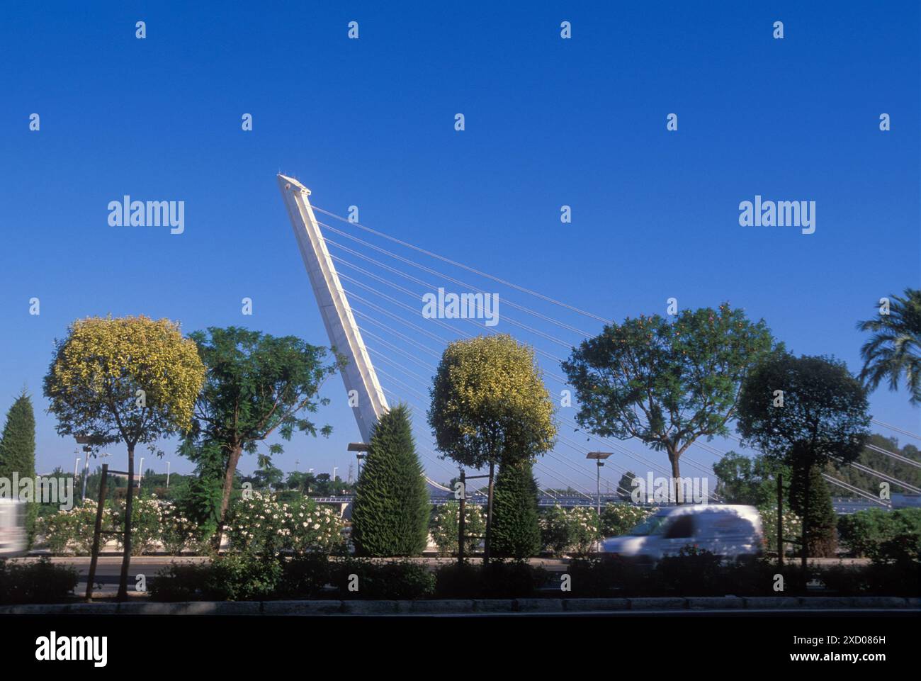 The Alamillo bridge crossing the Guadalquivir River, a cantilever spar ...