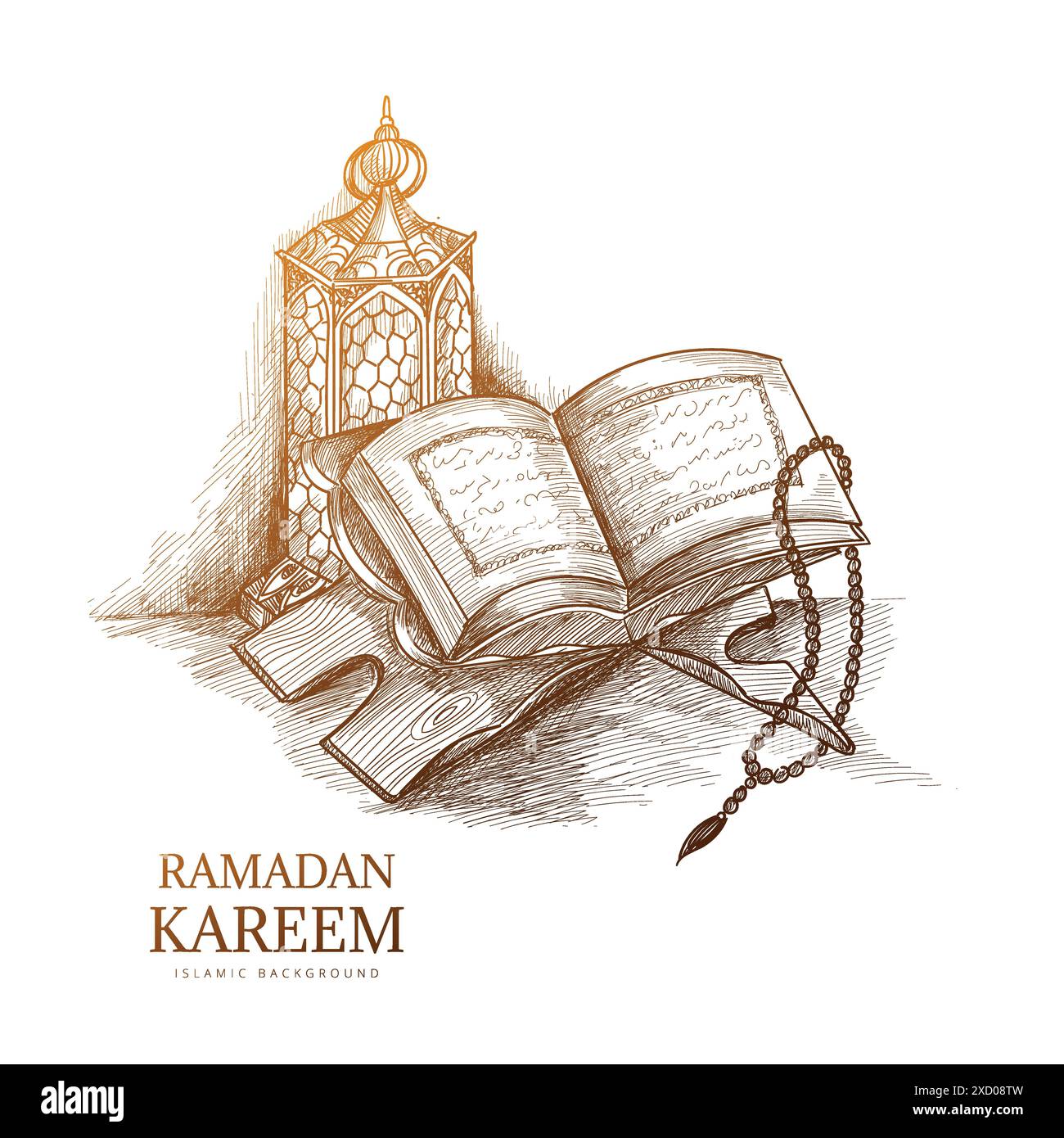 Hand drawn sketch the holy book of the Koran on the stand background ...