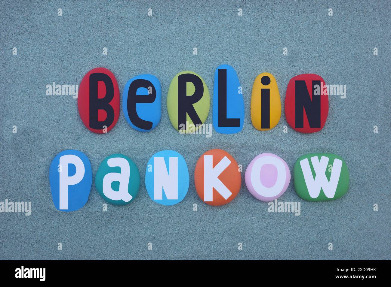 Berlin Pankow district, souvenir composed with hand painted multi colored stone letters over ...