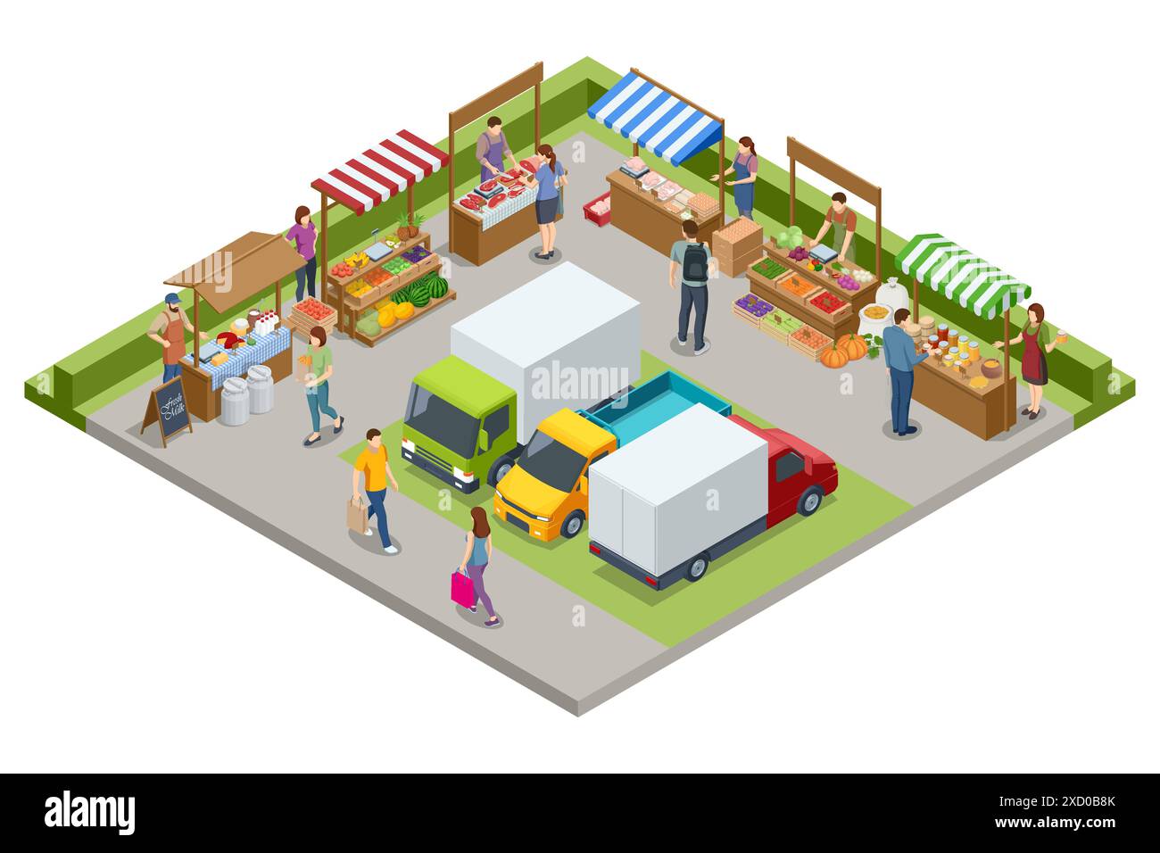 Isometric Farmers selling a Selection of Ecological Fruits and ...