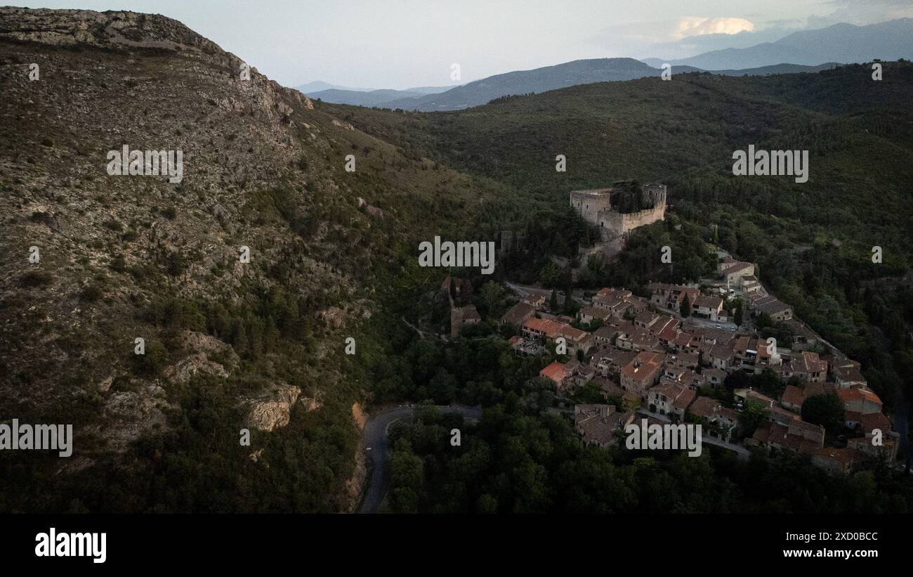 Aerial view of the medieval village of Castelnou and his castle in Les ...