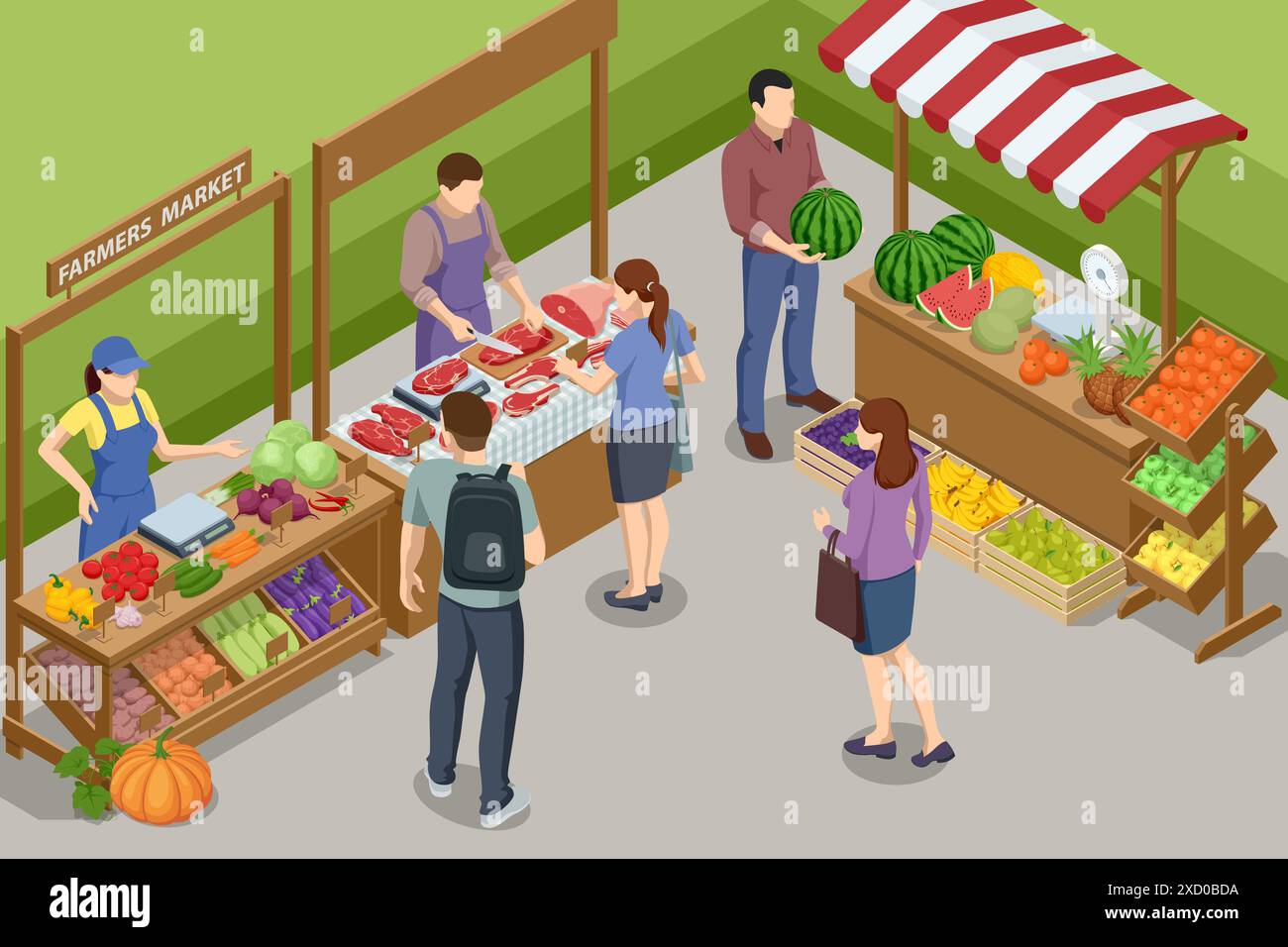 Isometric Farmers selling a Selection of Ecological Fruits and ...
