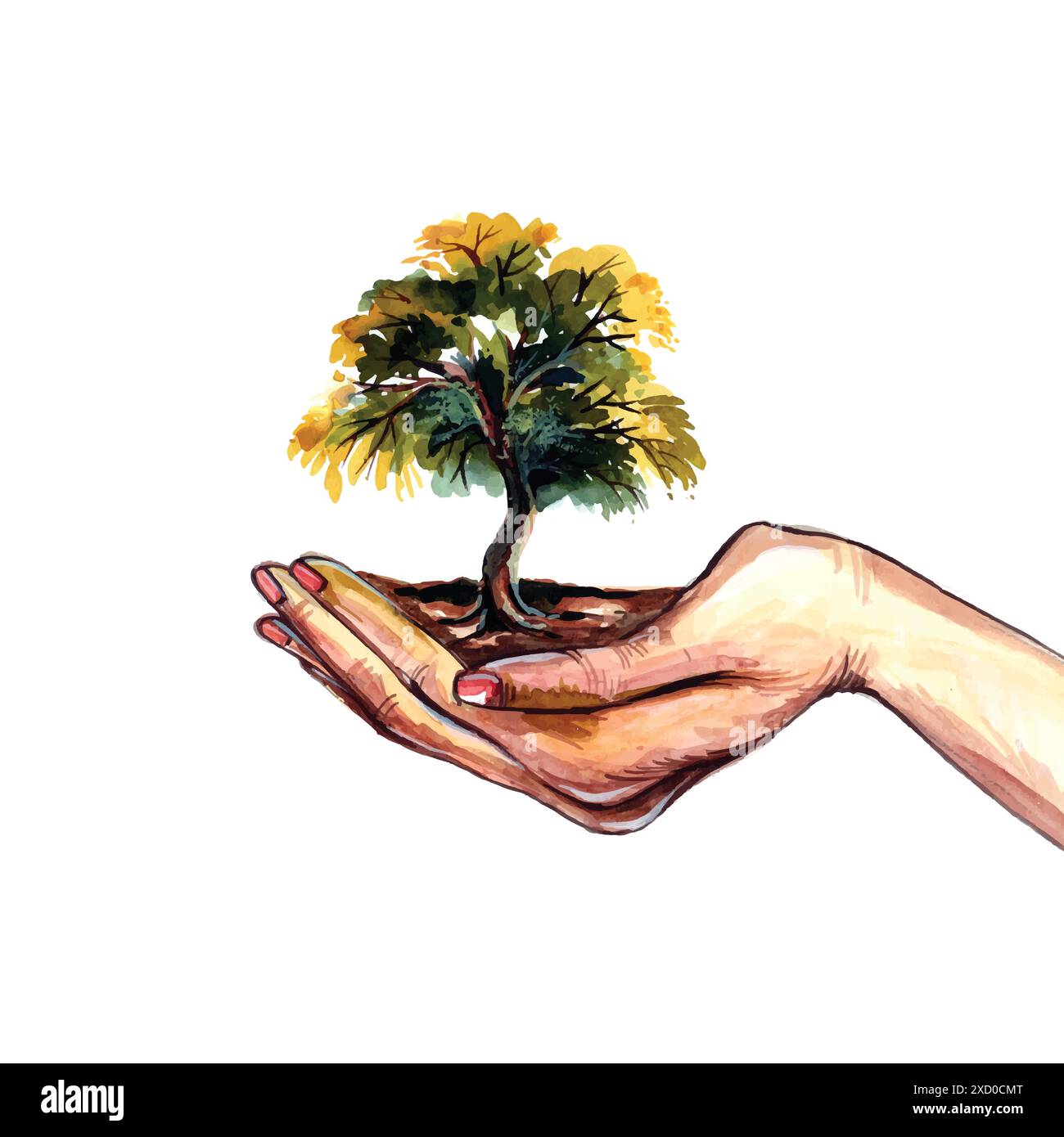 Beautiful Hand draw girls holding tree earth watercolor design Stock ...