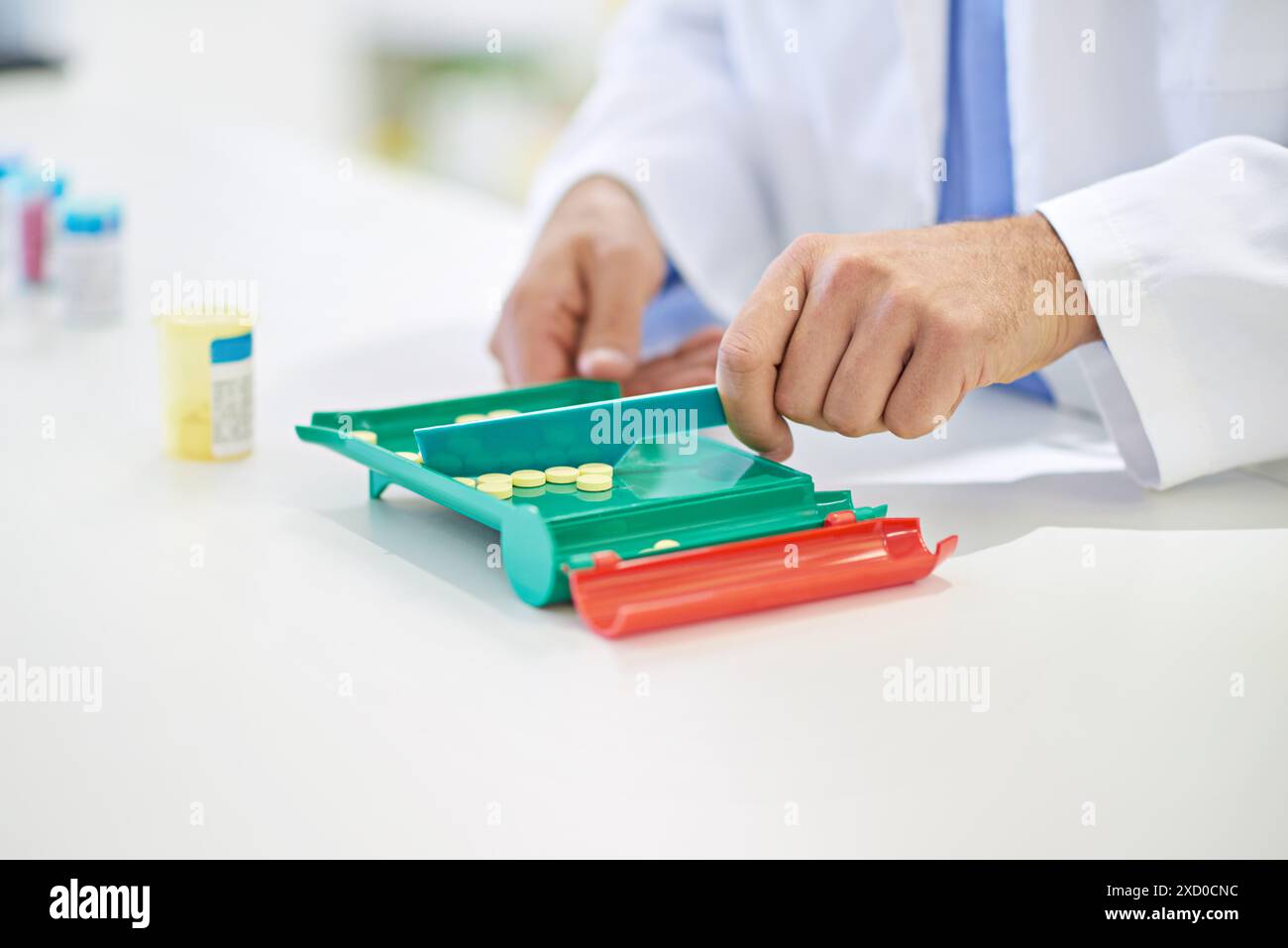Hands, pharmacist and counting pills with plastic container, inspection ...