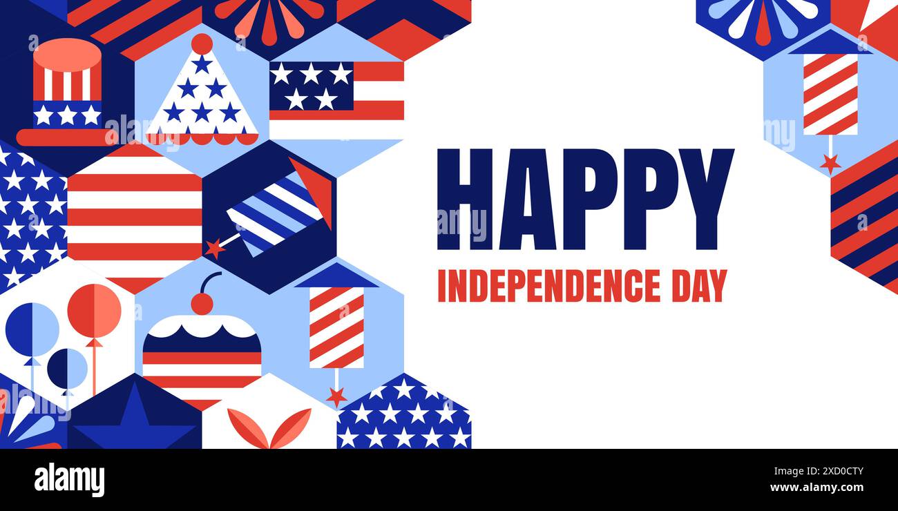 USA Independence Day banner. American flag, symbols in colorful hexagon ...