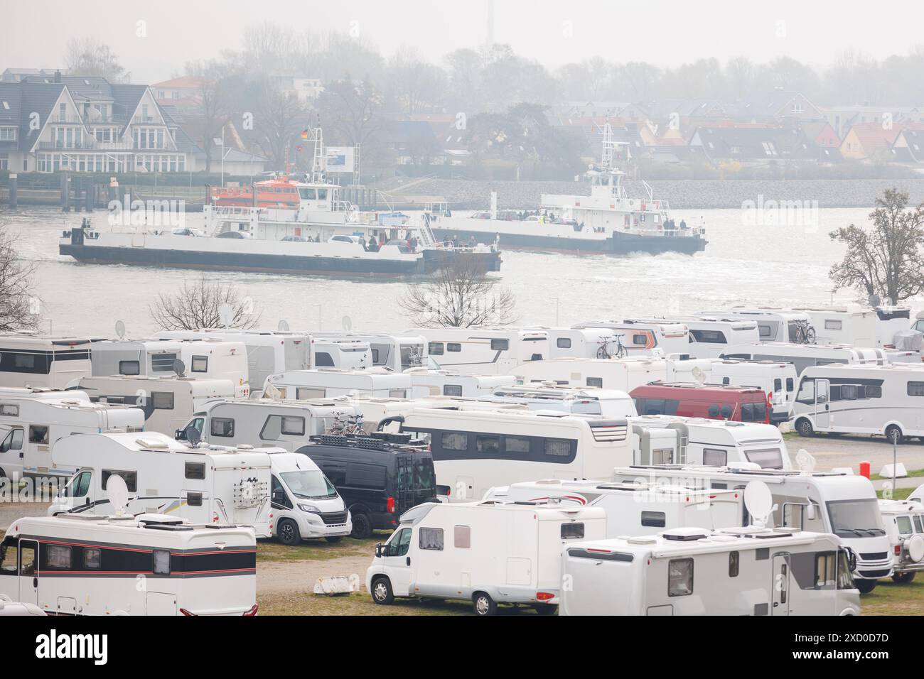 RV camper van parking place at Warnemunde Rostock harbor canal cruise ...