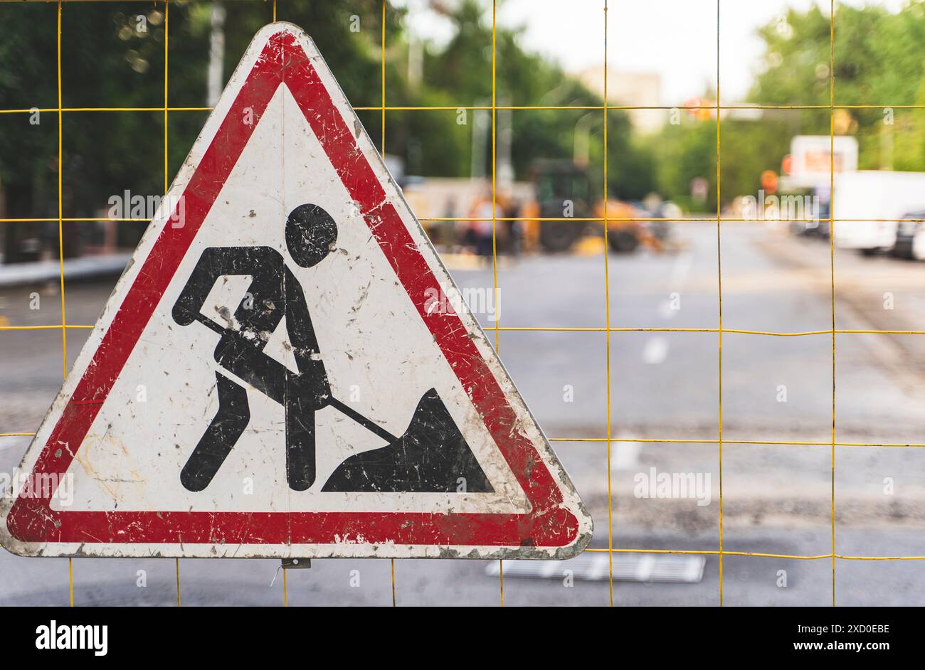 Road works sign in a city. Work in progress Stock Photo - Alamy