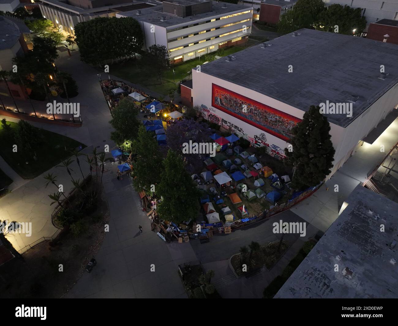 An aerial view of a-pro-Palestinian protestor encampment at Cal State ...