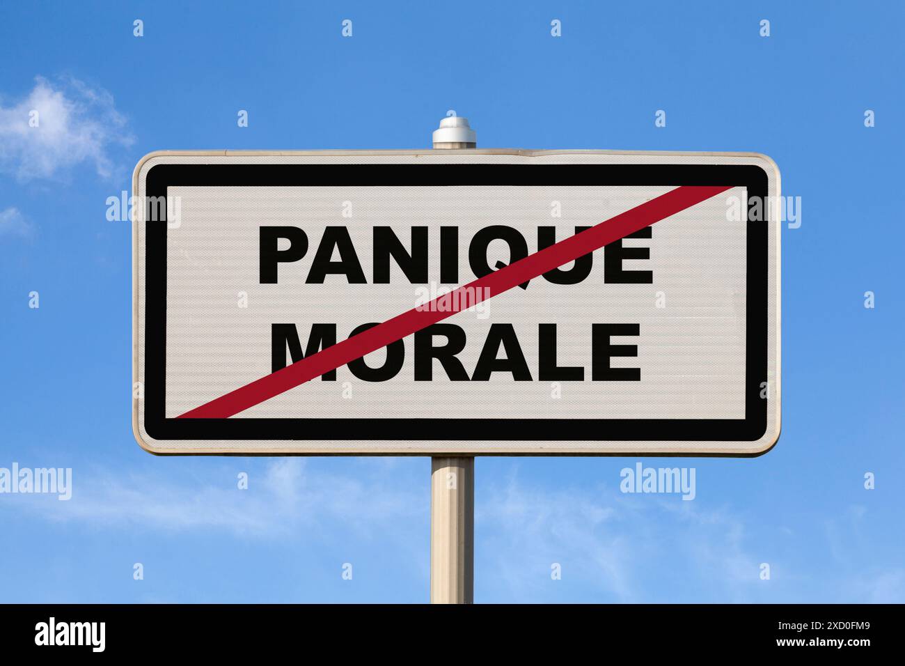 A French exit city sign against a blue sky with written in the middle ...