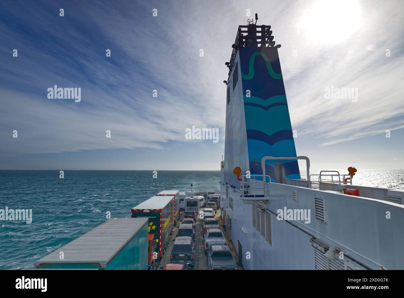 Cars and lorries on deck of Interislander ferry across the Cook Strait ...