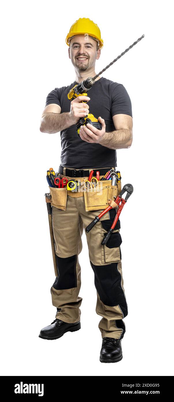 Smiling caucasian constructor hard hat and tool belt isolated ...