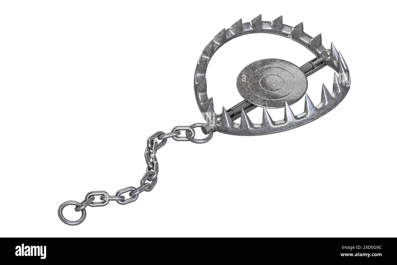 3d i metallic bear trap chain isolated background, danger concept Stock ...