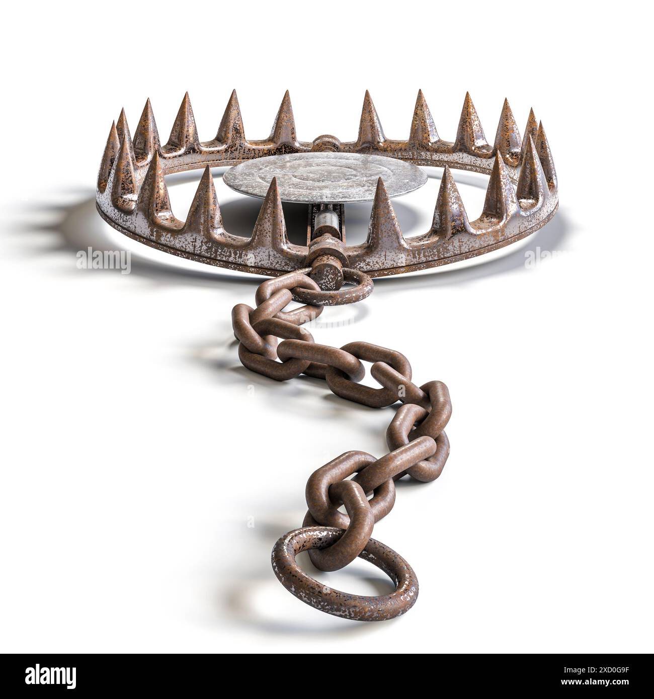 Rusty bear trap lying open sharp teeth showing chain attached 3d Stock ...