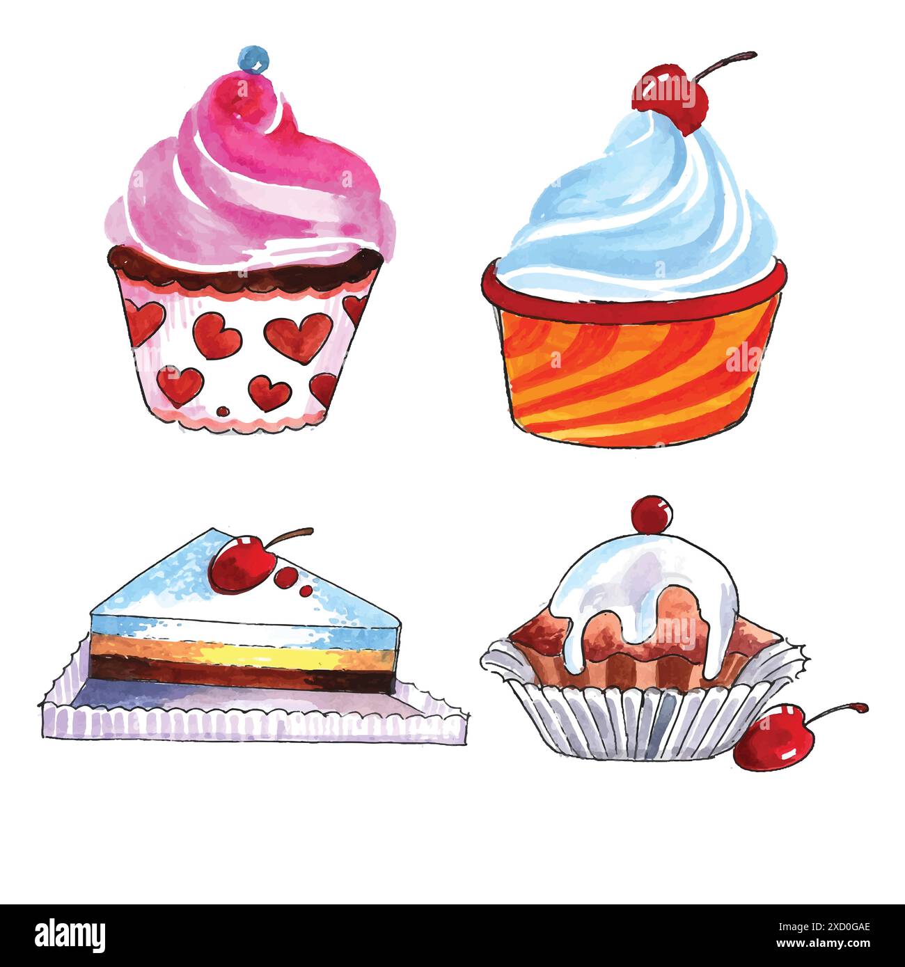Hand draw birthday cakes set watercolor design Stock Vector Image & Art ...