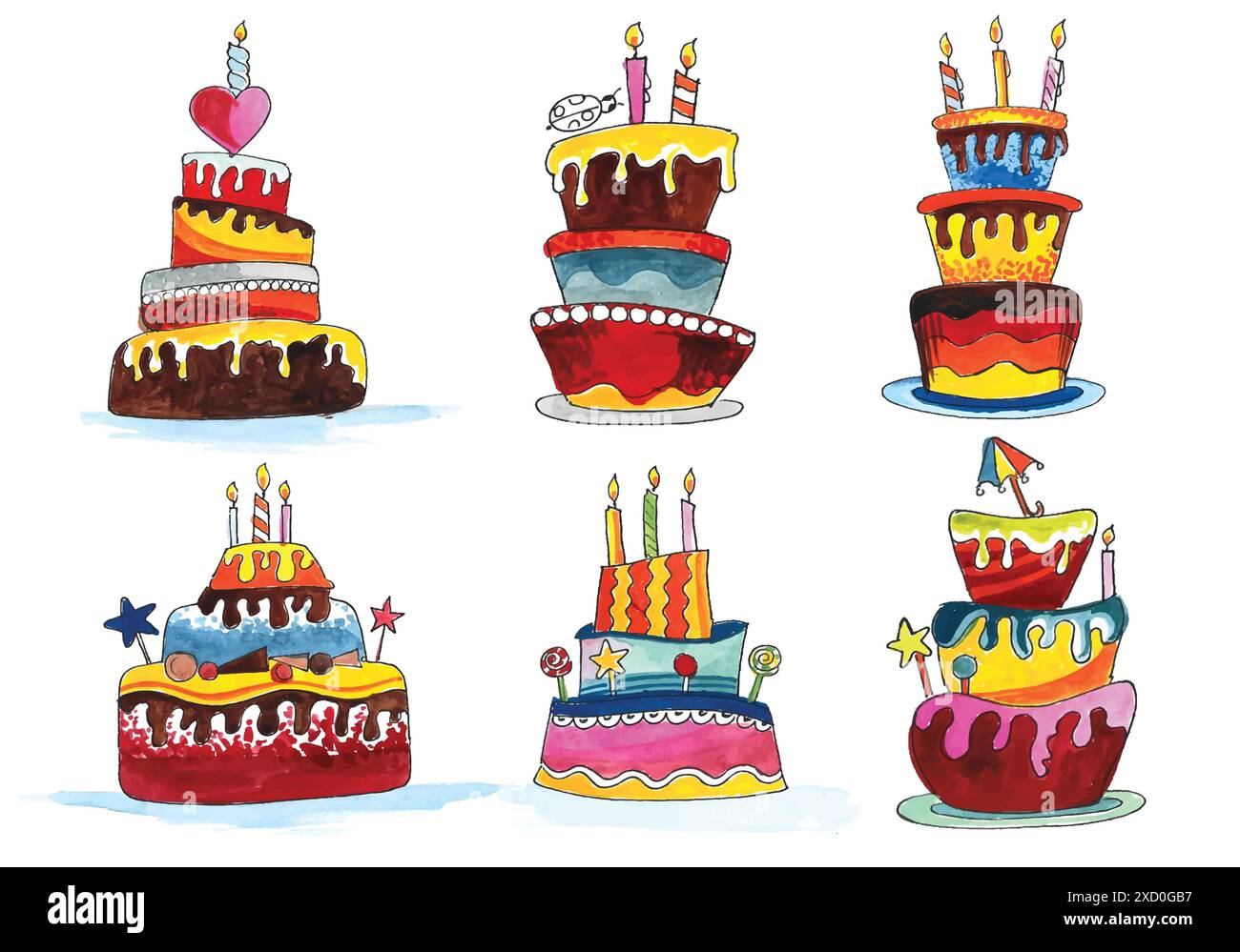 Hand draw birthday cakes set watercolor design Stock Vector Image & Art ...