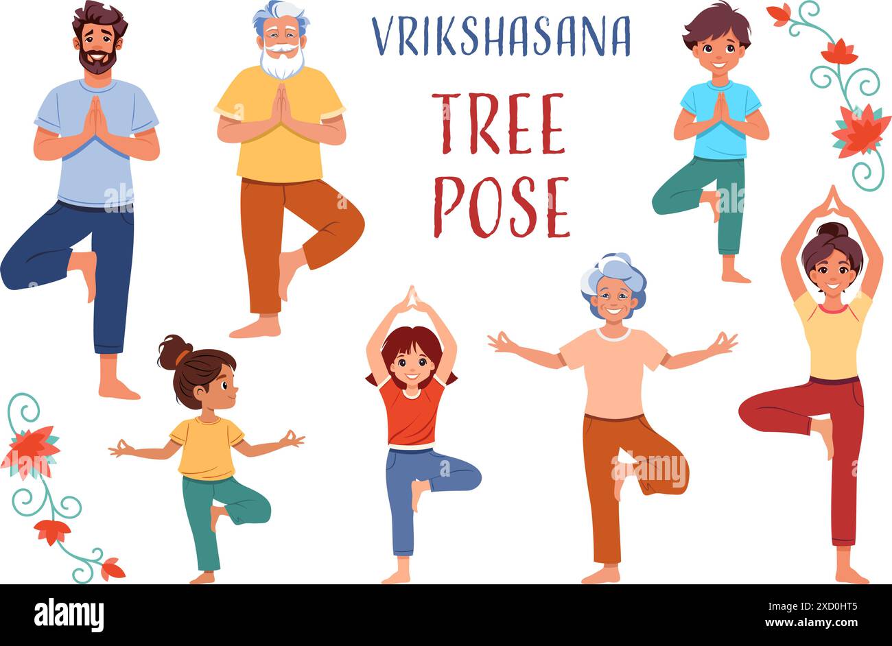 Vector illustration of people practicing Vrikshasana, Tree Pose, in ...