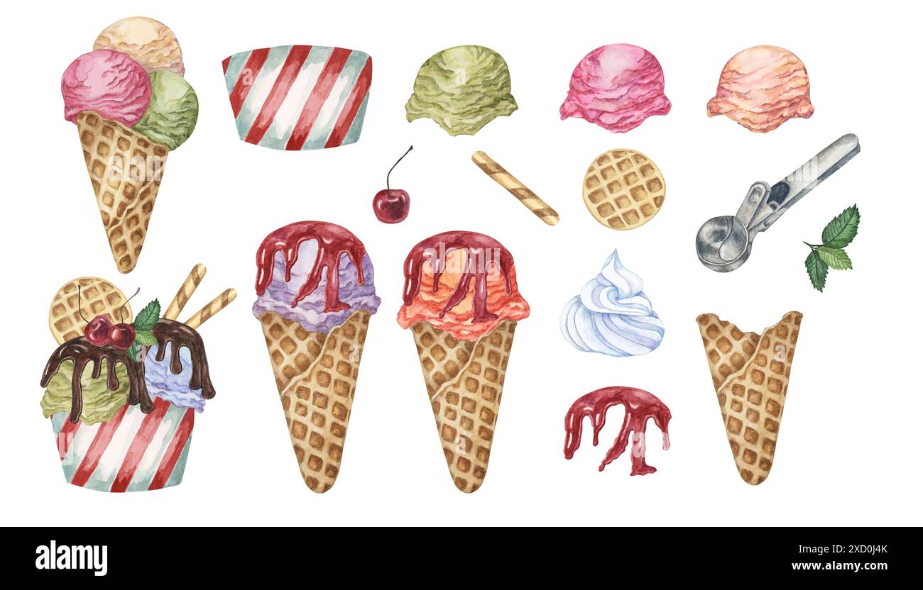 Ice cream design elements set including various flavors, cherries ...