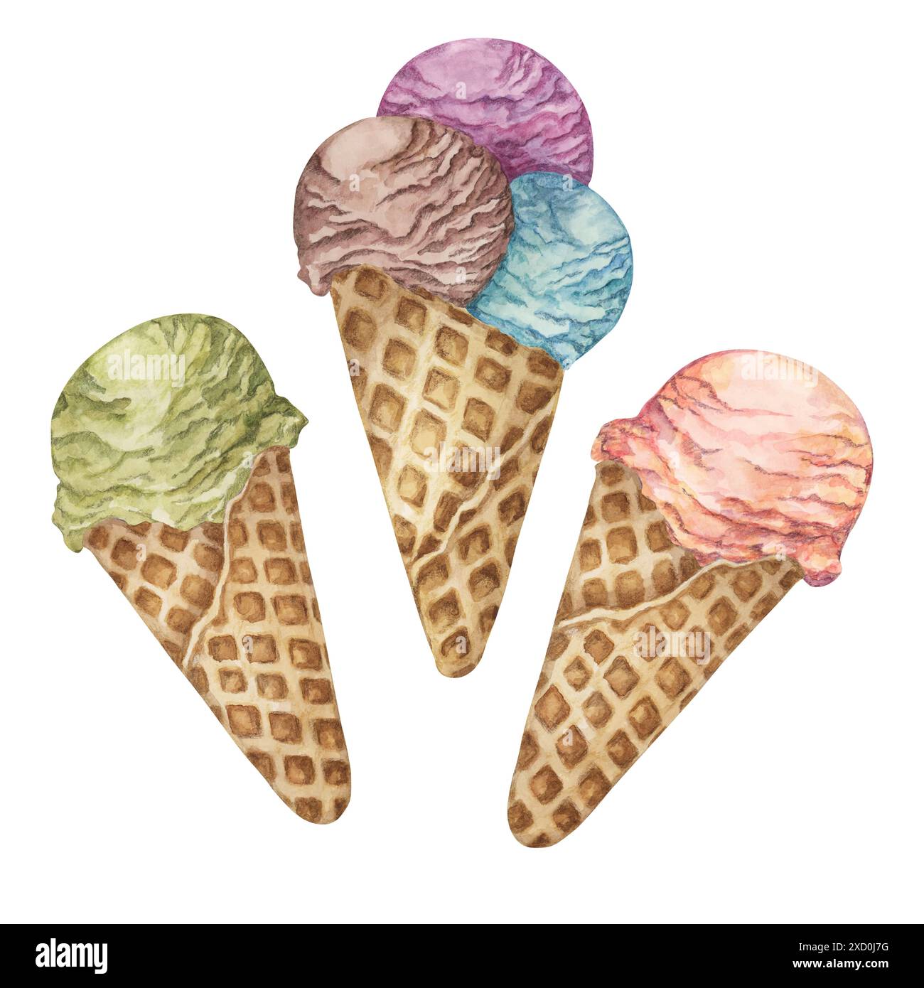 Ice cream cones set in pastel colors. Dessert watercolor illustration ...