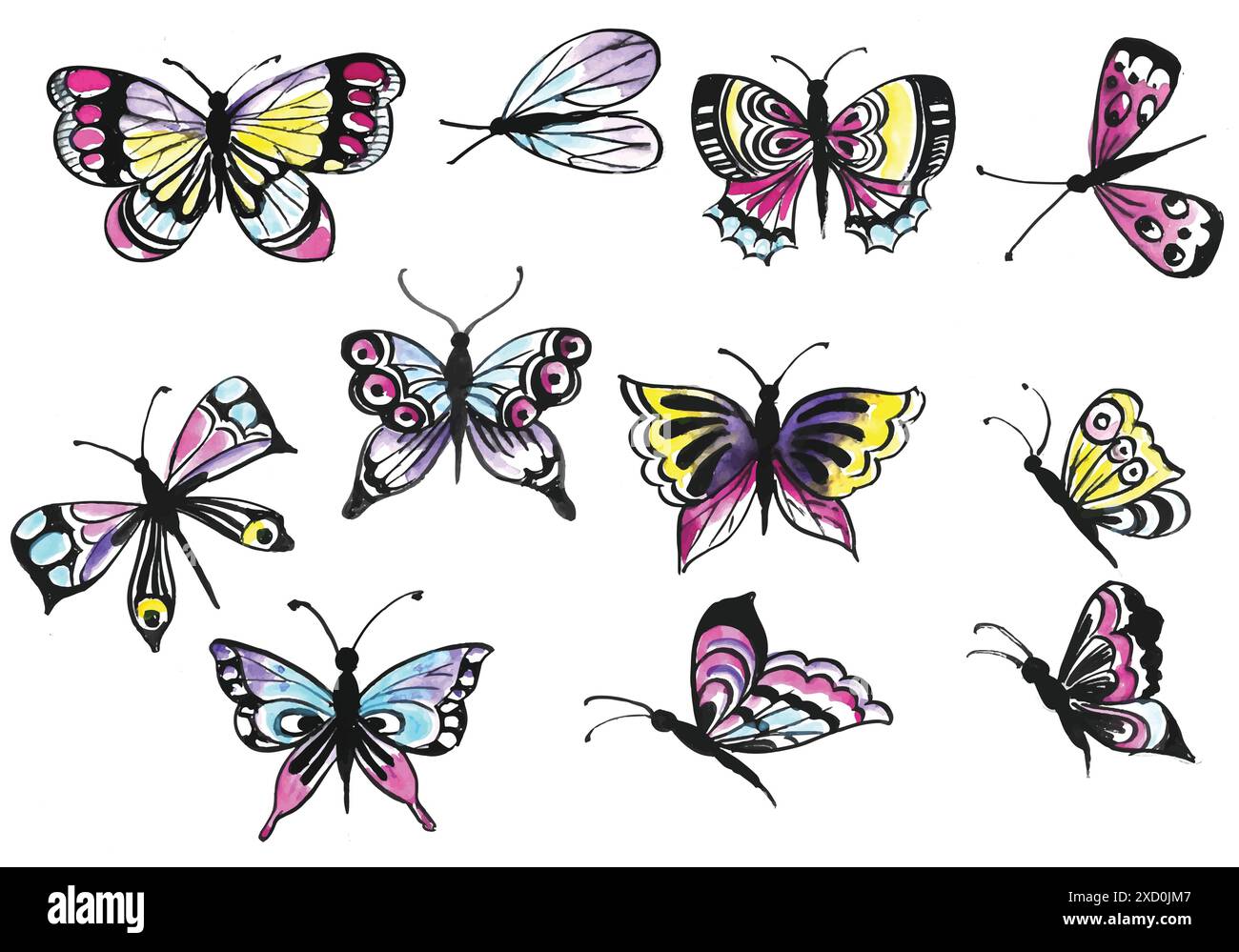 Hand draw collection of pretty colorful butterflies watercolor design ...