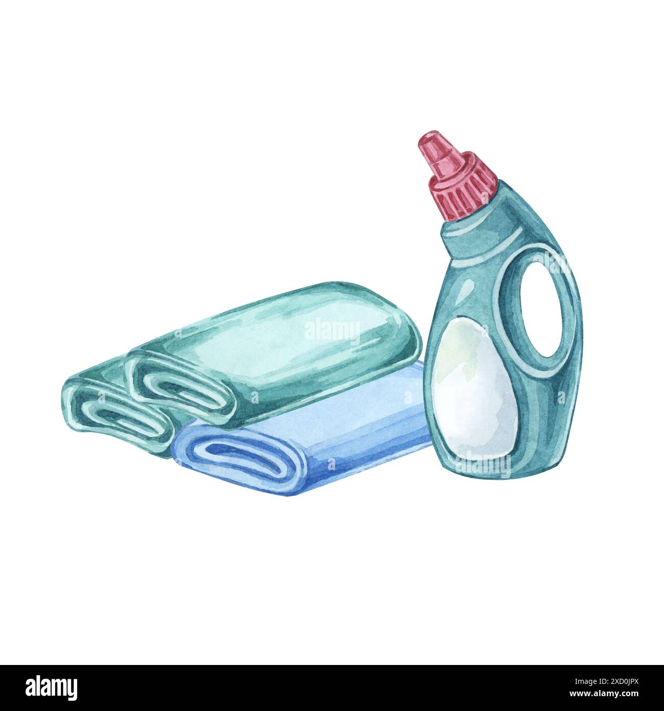 Towels with bottle of fabric softener or laundry detergent. Rags, linen ...