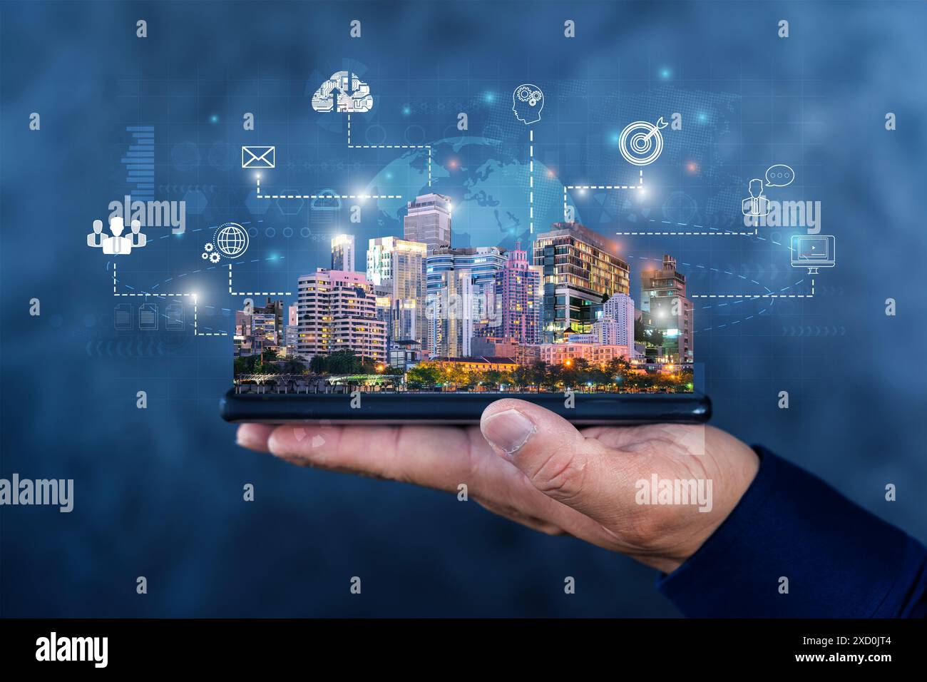 Cloud technology in smart city concept with human hand carries digital ...