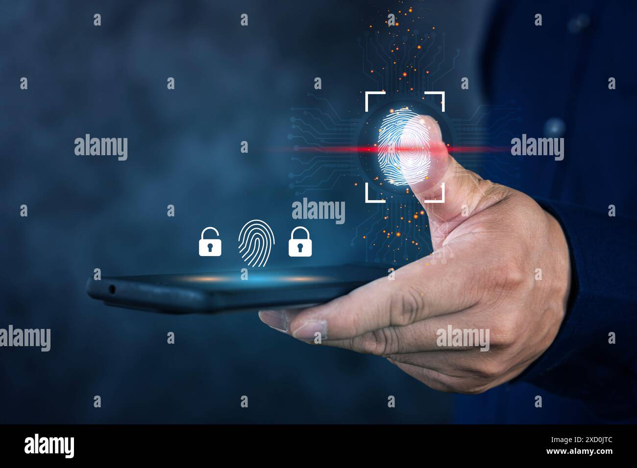 Hologram fingerprint, fingerprint scan on a smartphone, blue background ...