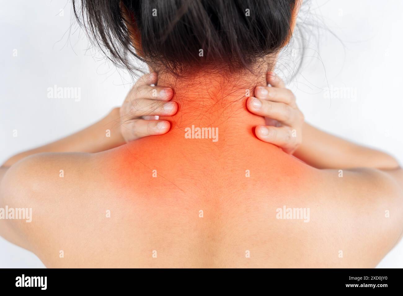 Neck pain muscle stress and strain concept. Stressed blonde woman ...