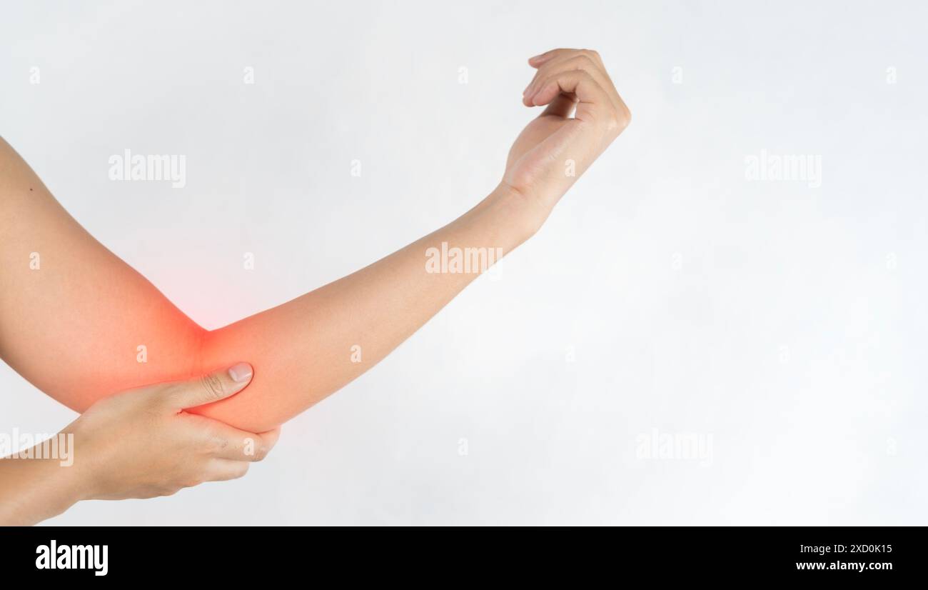 Close up woman's hand holding her elbow . Elbow pain concept. Woman ...